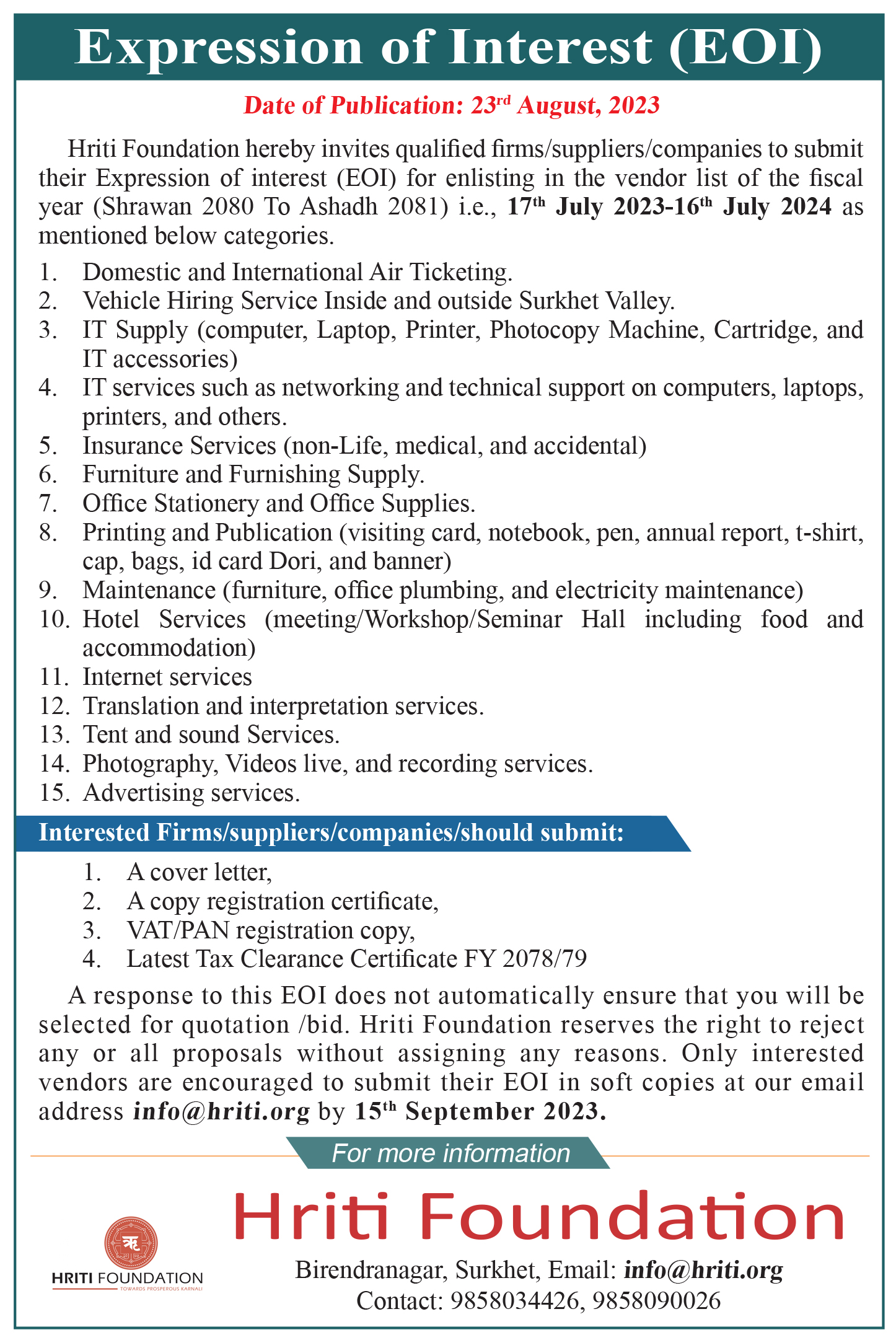 Expression of Interest (EOI) for Enlisting in the Vendor List - Hriti